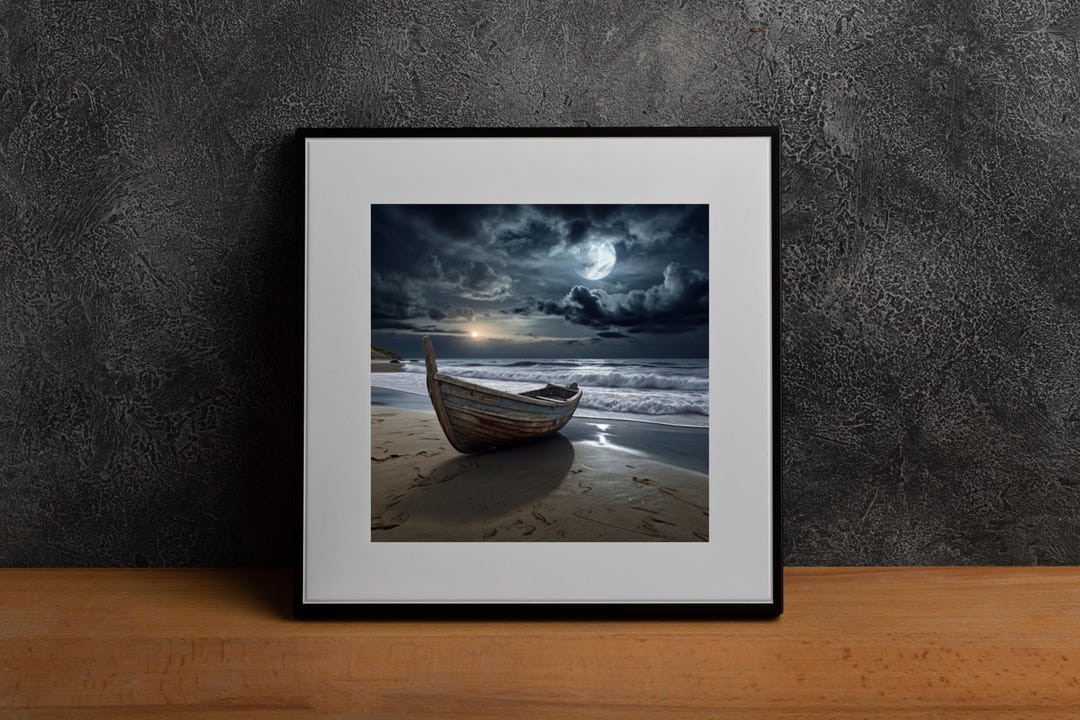 Moonlit Shoreline – Surreal Ocean Night Scene | Fantasy Beach Wall Art ...