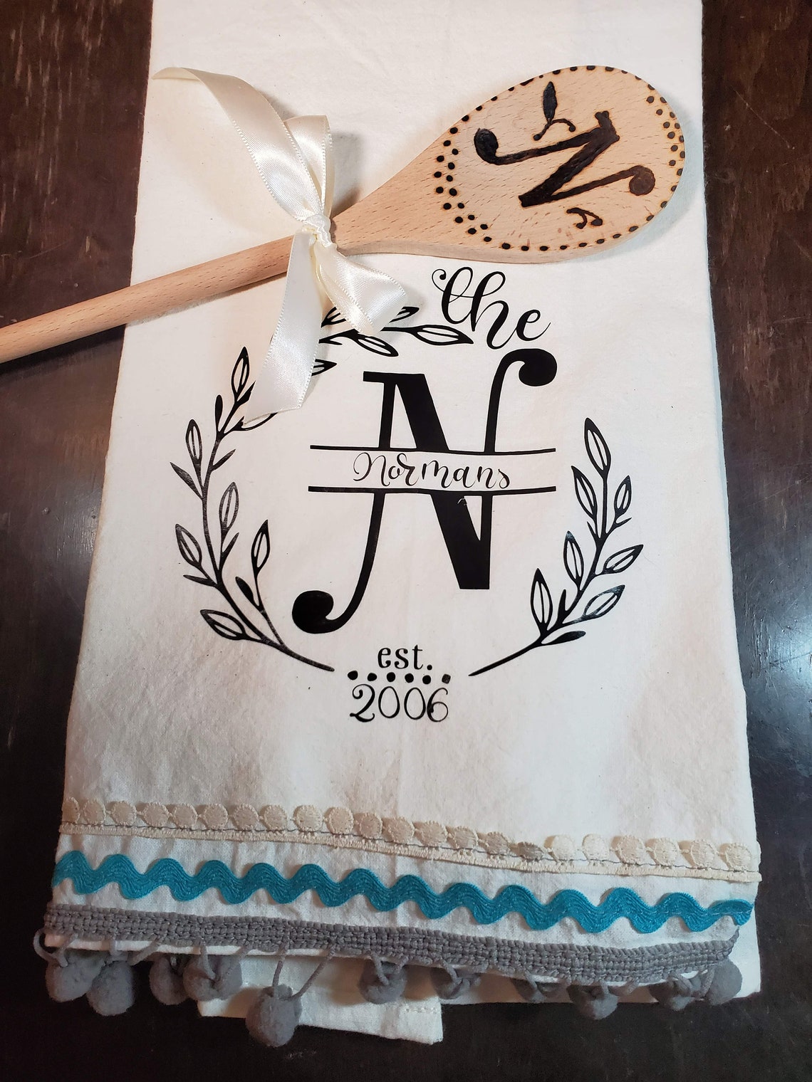 GIFT SET Monogram Tea Towel With Wooden Spoon Towel With | Etsy