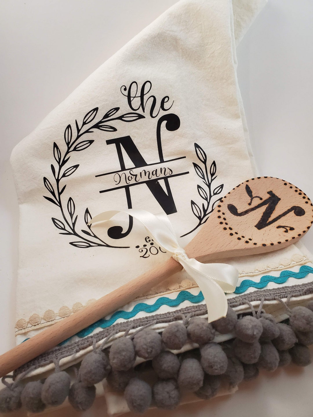 GIFT SET Monogram Tea Towel With Wooden Spoon Towel With Embellishments ...