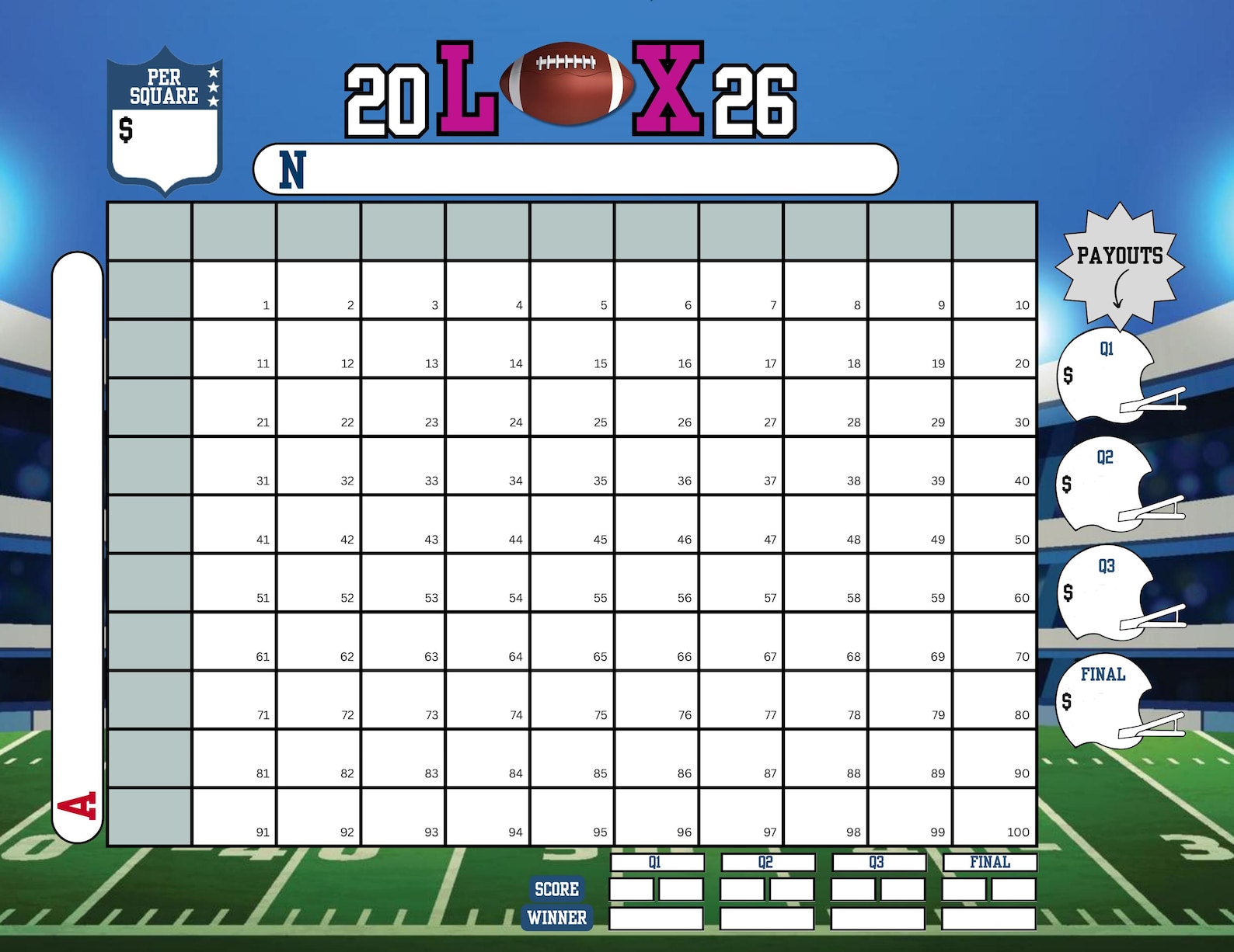 Editable Football Squares, 100 Square Football Grid • Super Bowl ...