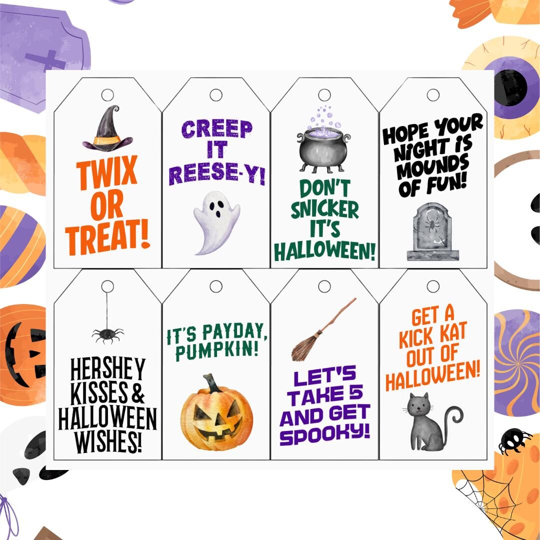 Funny Halloween Candy Puns Gift Tags | Printable Treat Bag Tags ...
