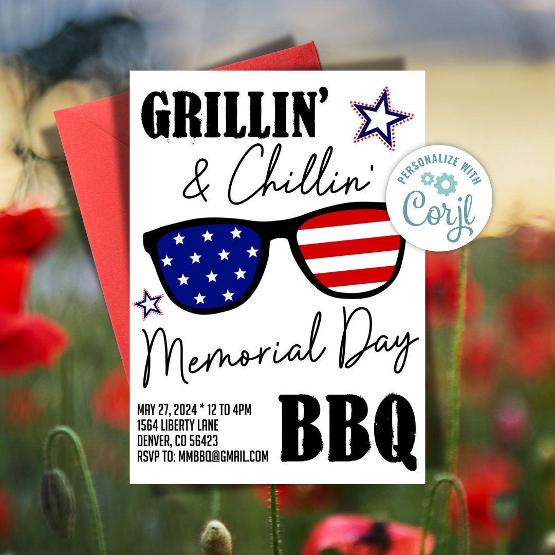 Memorial Day BBQ Invitation: Grillin' & Chillin' (edit With Corjl) - Etsy