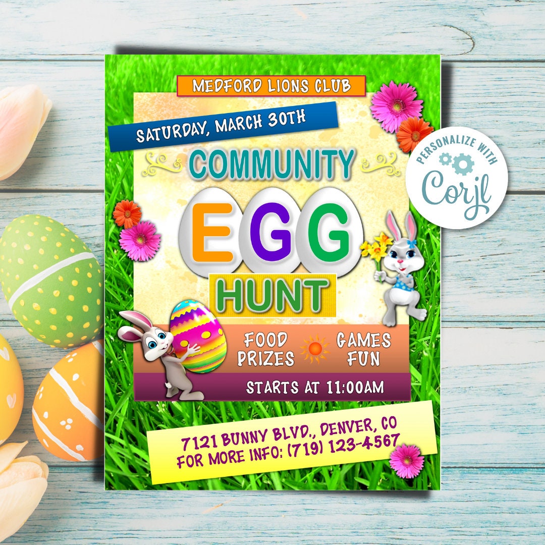 Easter Egg Hunt Flyer, Easter Flyer, Easter Invitation, Community Event Flyer, Church School ...