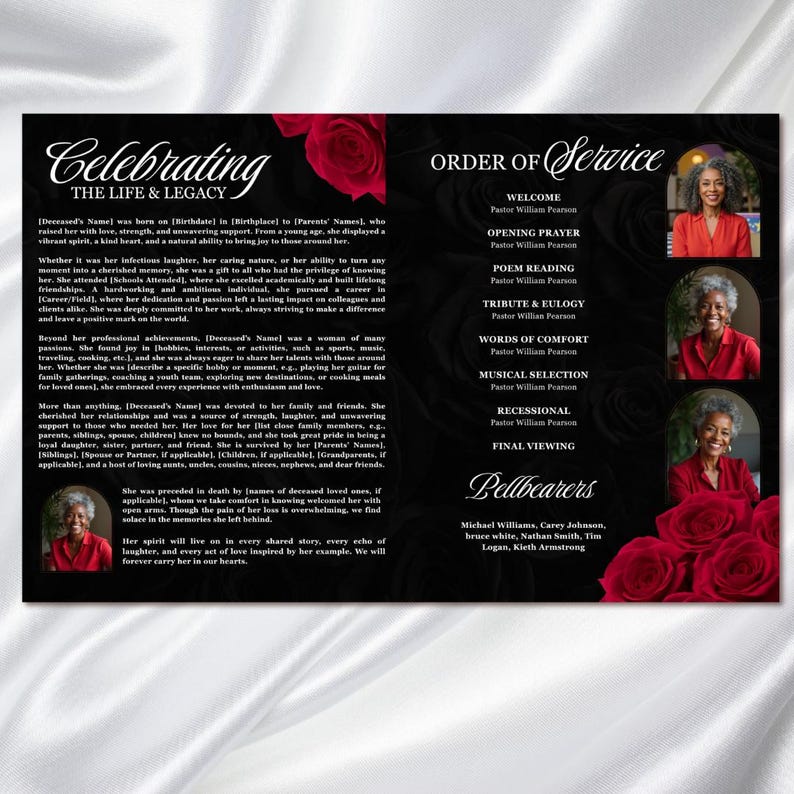 Black & Red Funeral Program Template: 8-page Memorial (canva PDF ...