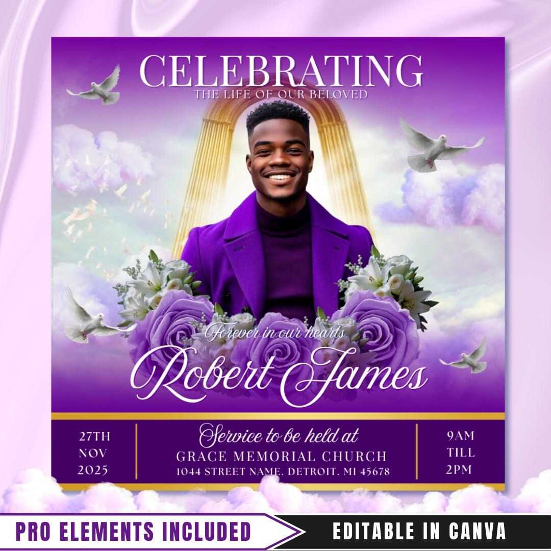 Purple Funeral Announcement Flyer: Editable Canva Template (digital ...
