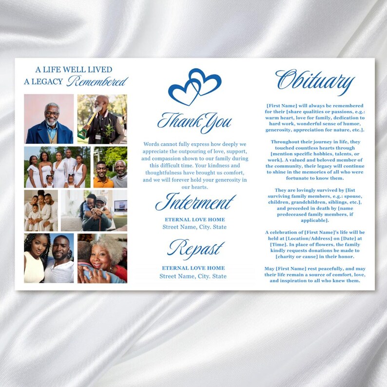 Blue Roses Funeral Program Template: Trifold Memorial (canva Template ...
