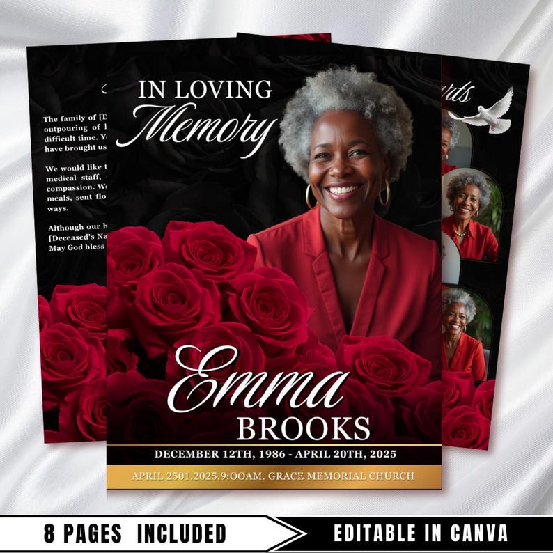 Black & Red Funeral Program Template: 8-page Memorial (canva PDF ...