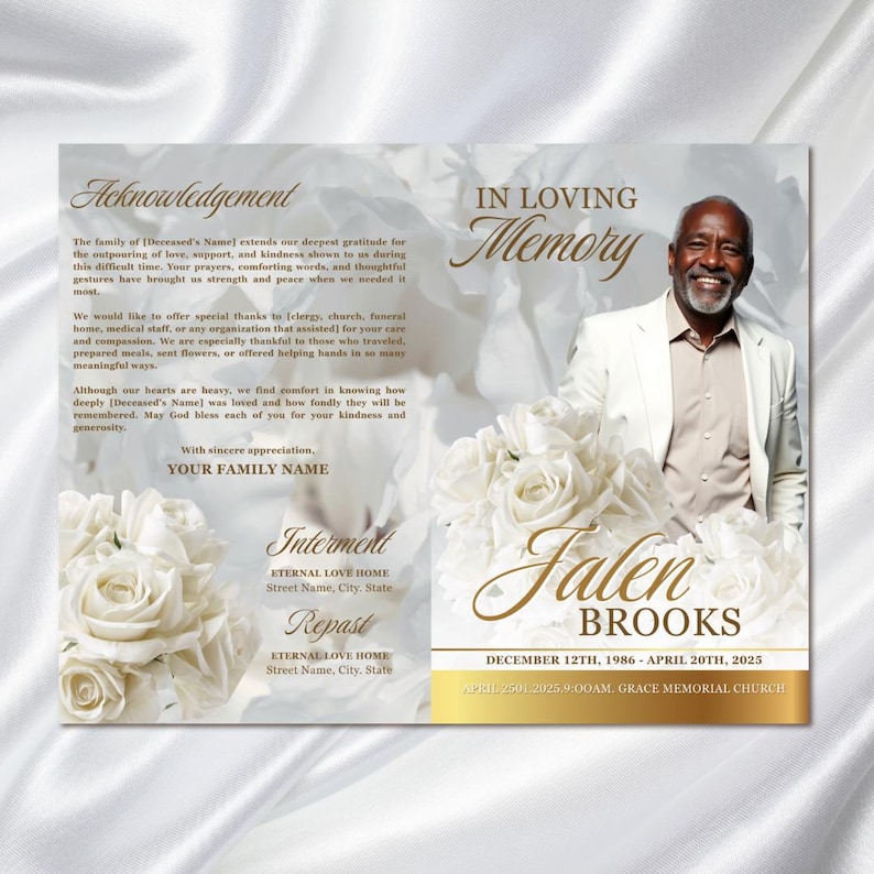 White Gold Roses Funeral Program Template: 8-page Memorial (canva PDF ...