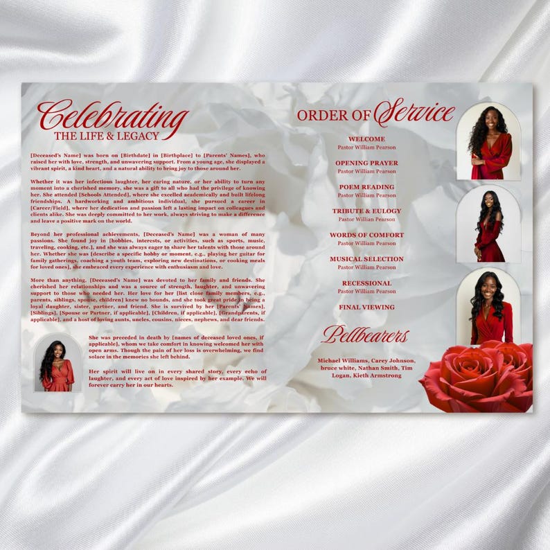 Red Roses Funeral Program Template: 8-page Memorial (canva PDF) - Etsy