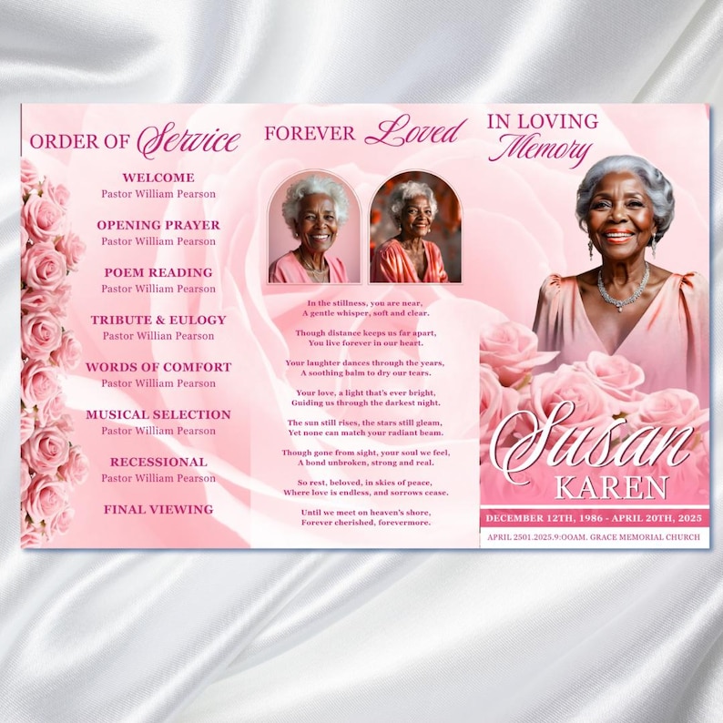 Pink Roses Funeral Program Trifold Memorial Template 17x11 Canva