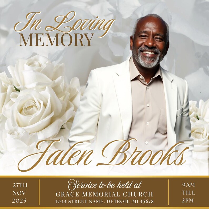 White Roses Funeral Announcement Flyer: Obituary, Celebration of Life ...
