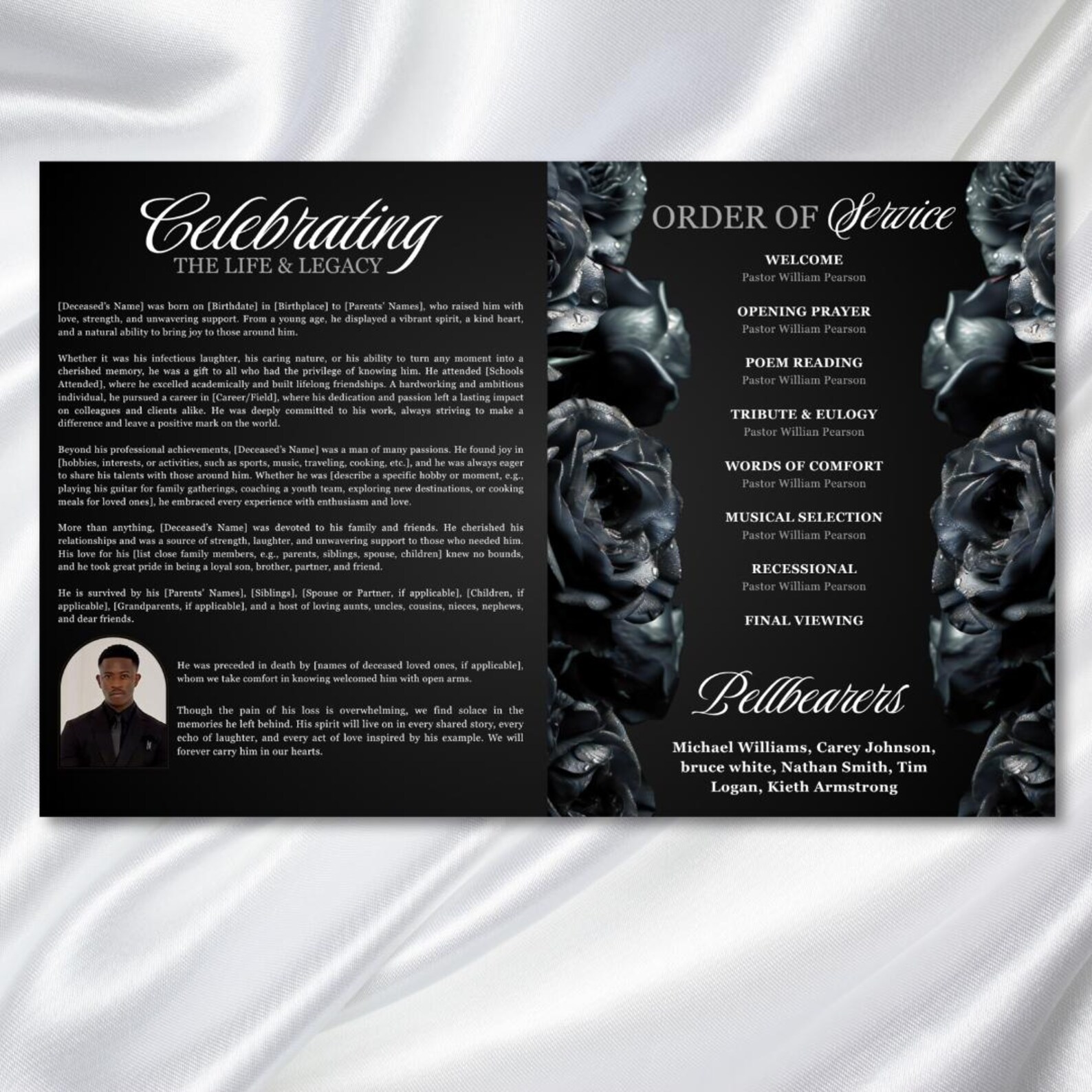 Black & Silver Funeral Program Template: 8-page Memorial (canva ...
