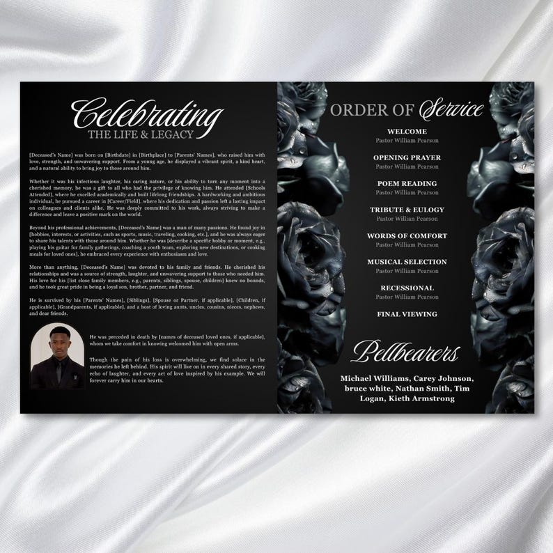 Black & Silver Funeral Program Template: 8-page Memorial (canva ...