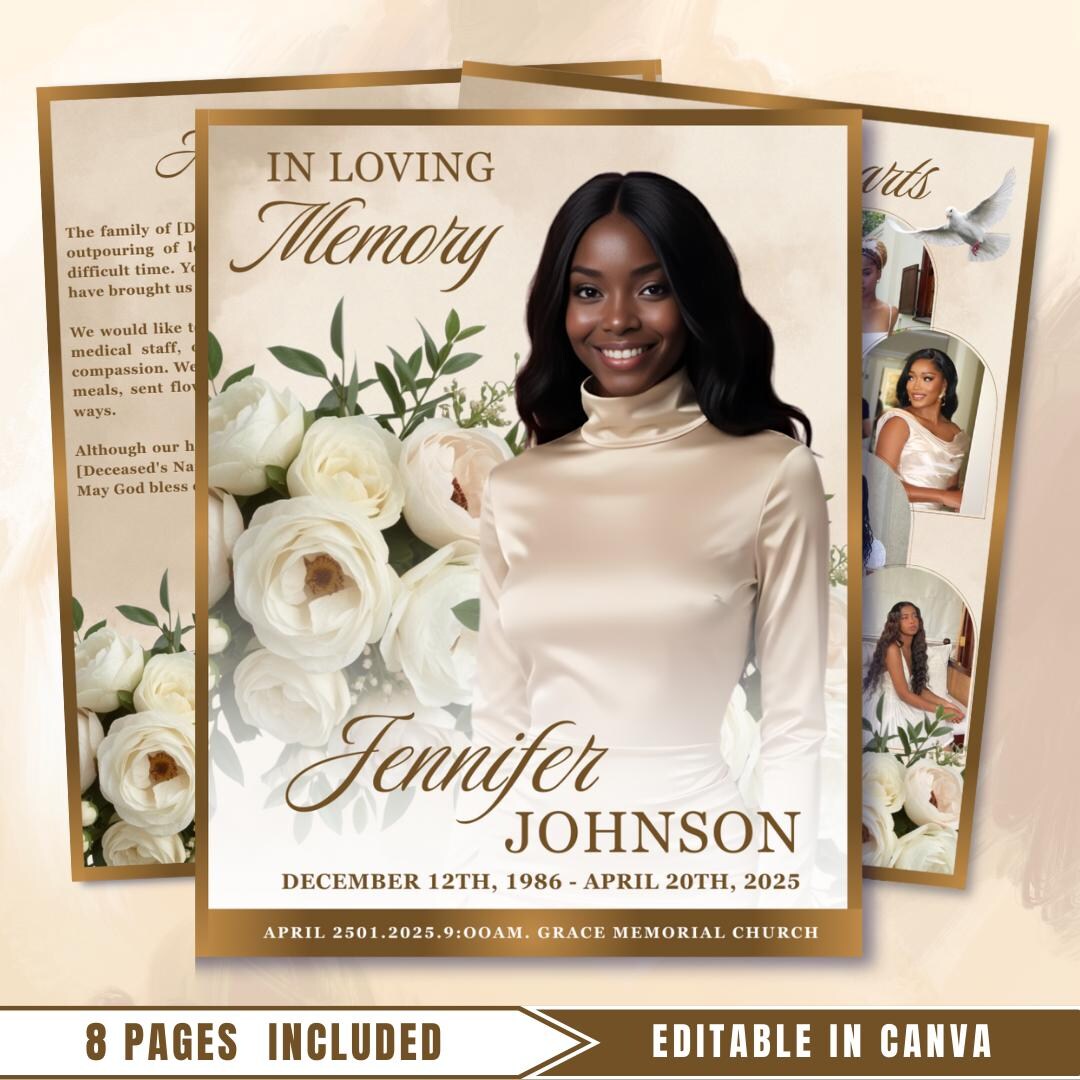 Beige & Gold Funeral Program Template: Roses Design (canva, 17x11, PDF ...