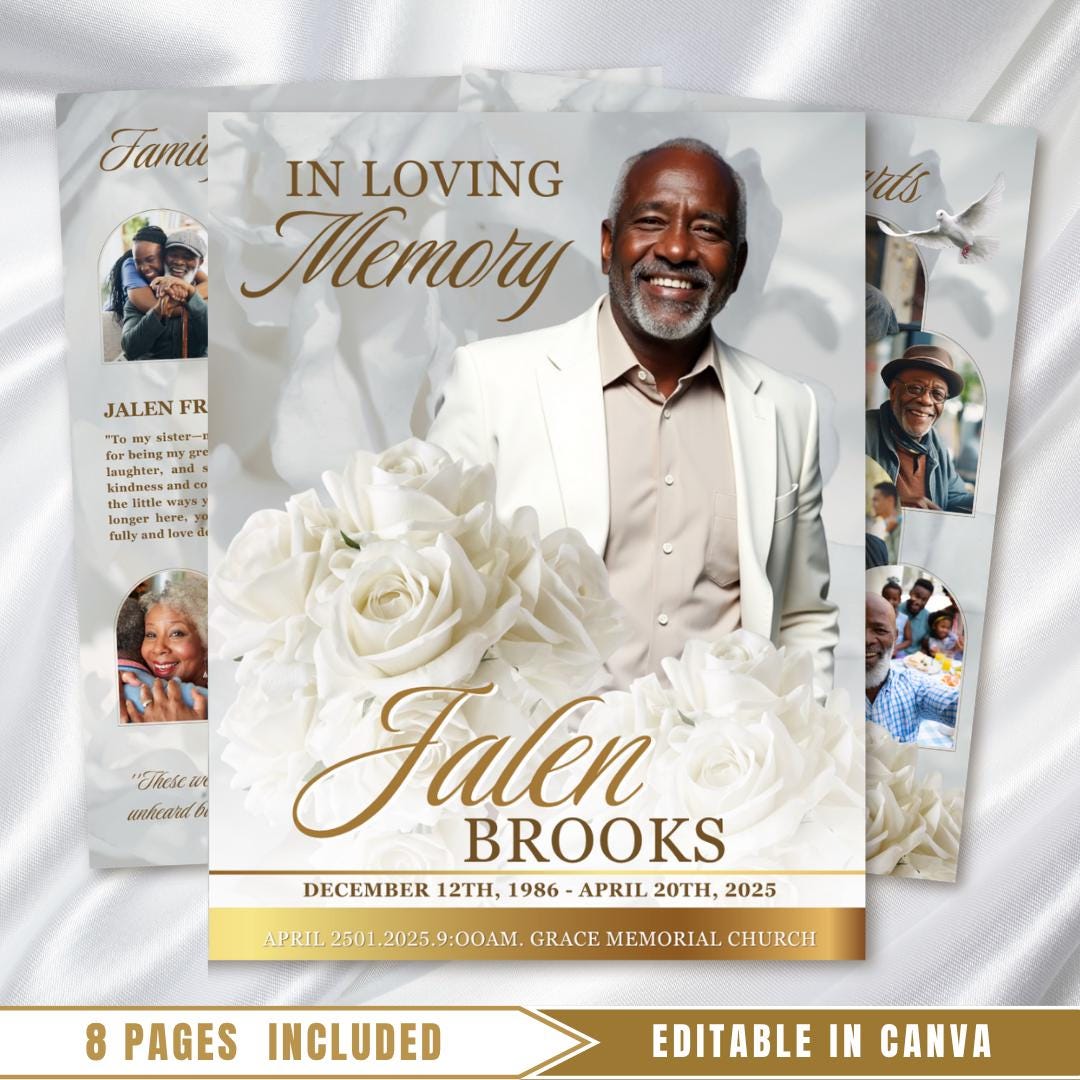 White Gold Roses Funeral Program Template: 8-page Memorial (canva PDF ...