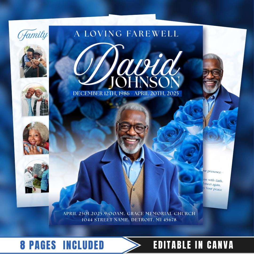 Blue Roses Funeral Program Template: 8-page Memorial (canva PDF) - Etsy