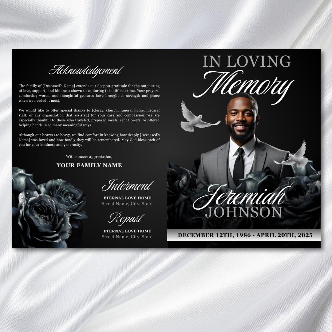 Black & Silver Funeral Program Template: 8-page Memorial (canva ...