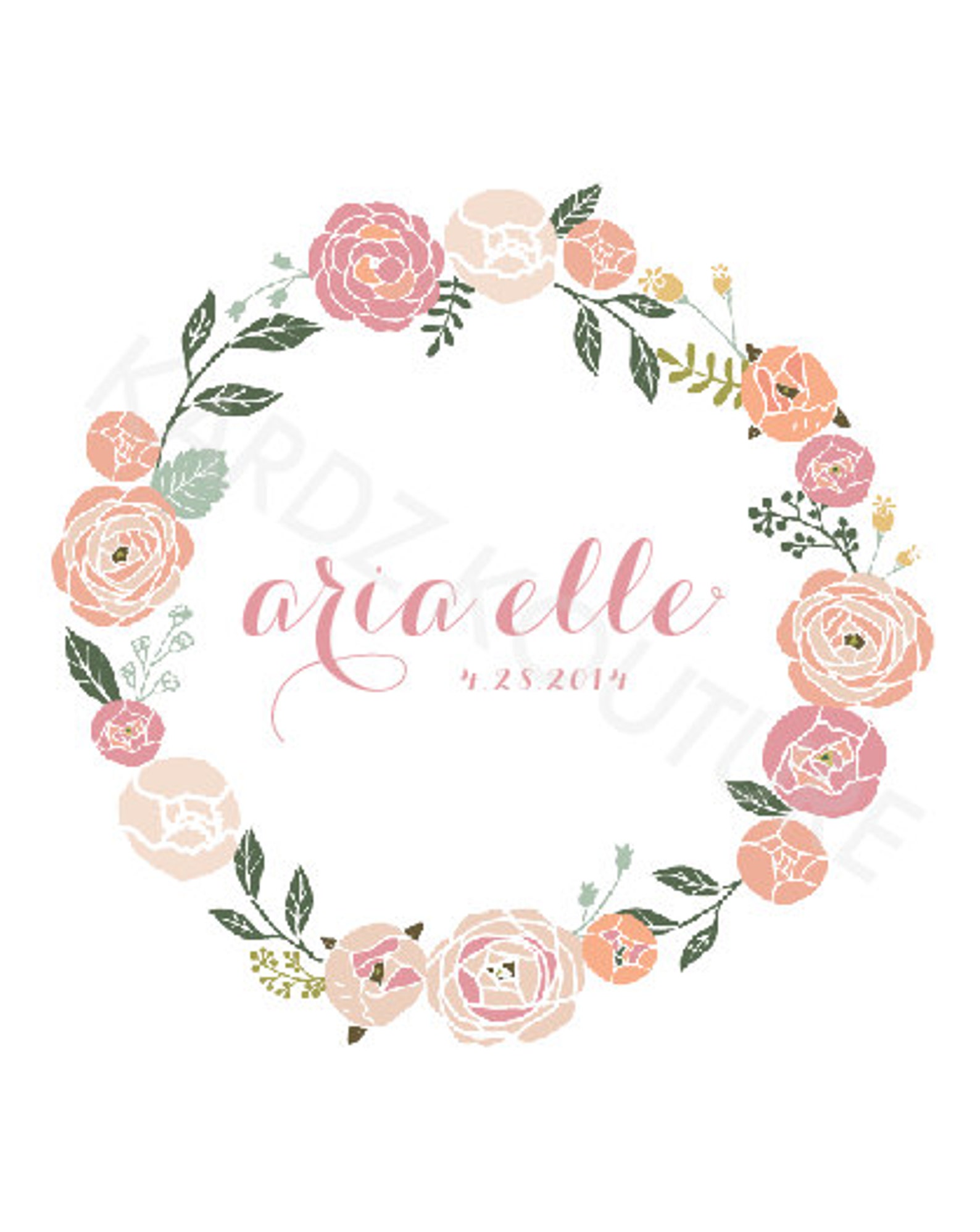 CUSTOM Name Print Floral Wreath and Name Inside With Date - Etsy