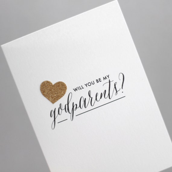 Items similar to Godparents card with gold glittered heart applique ...