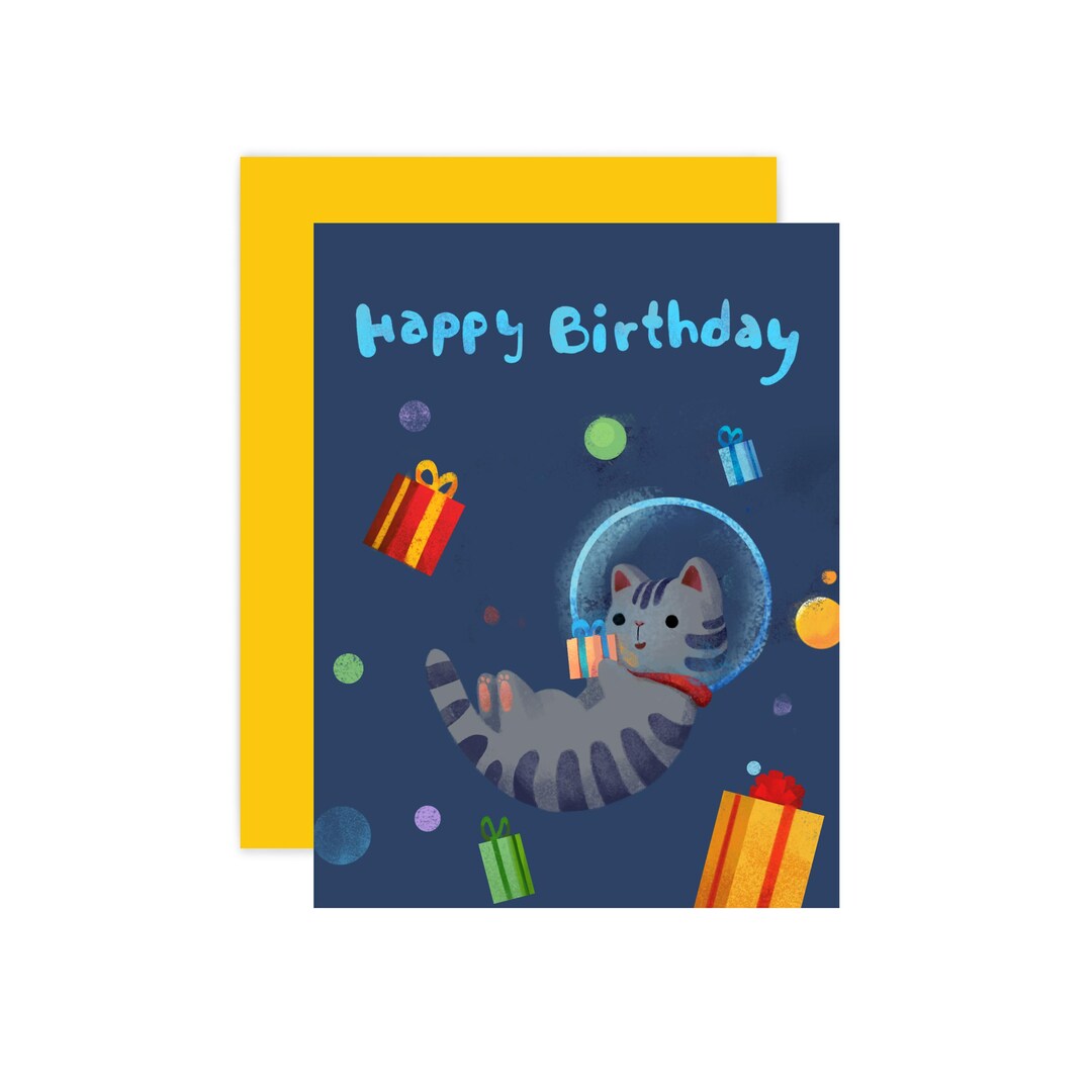 Space Cat With Gift Birthday Card - Etsy