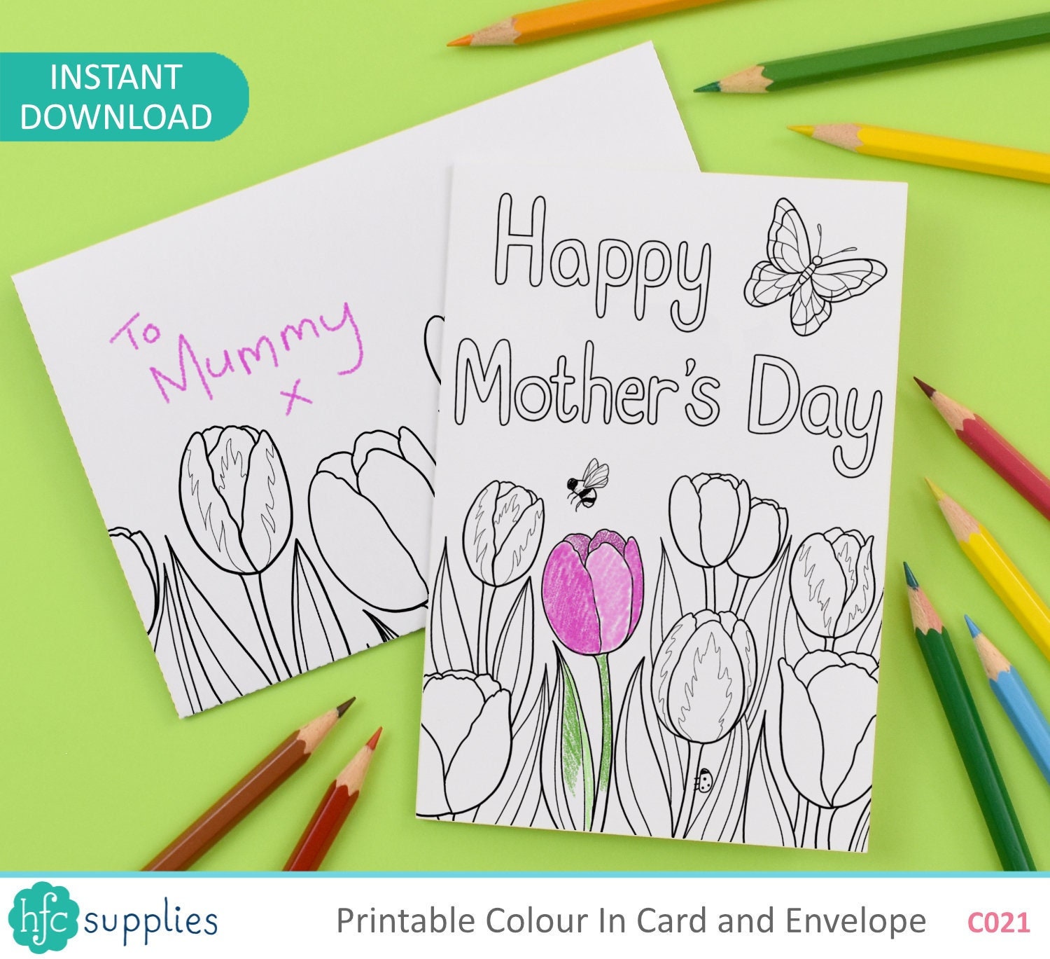 Happy Mother's Day Tulips Card, Printable Colour in Card and Envelope ...