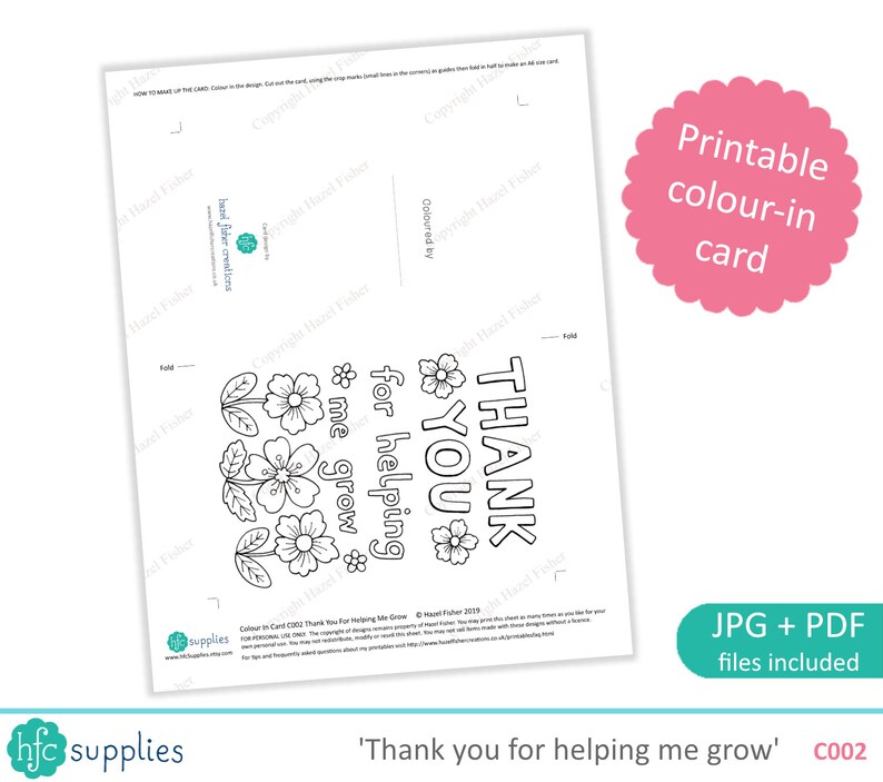 PRINTABLE Colour in 'thank You for Helping Me Grow' Card, Teacher and ...