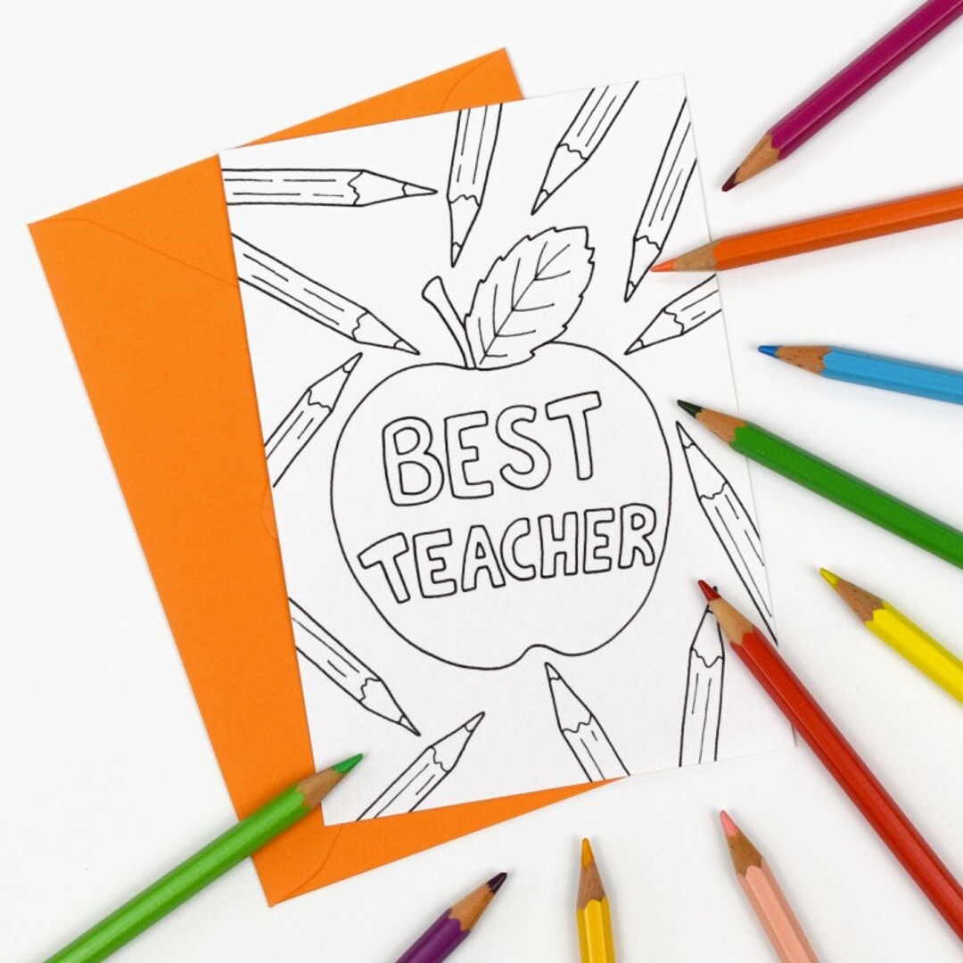 Printable Best Teacher Apple and Pencils Thank You Card, Colour in ...