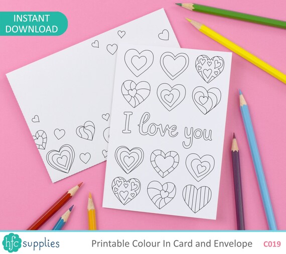 I Love You Hearts Printable Colour in Card and Envelope, Valentine's ...