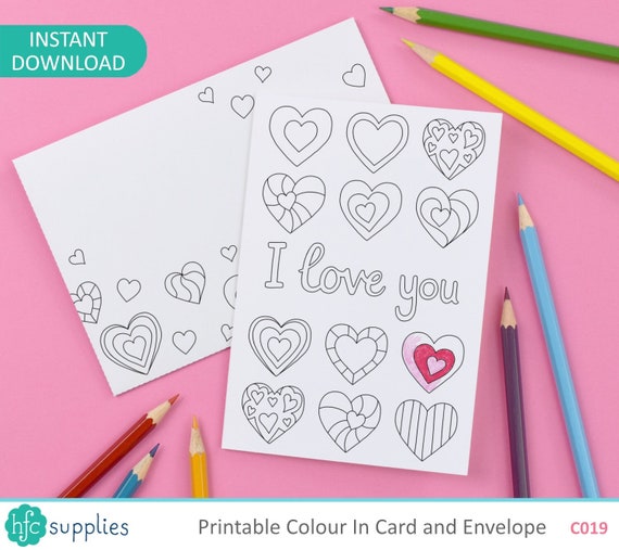 I Love You Hearts Printable Colour in Card and Envelope, Valentine's ...
