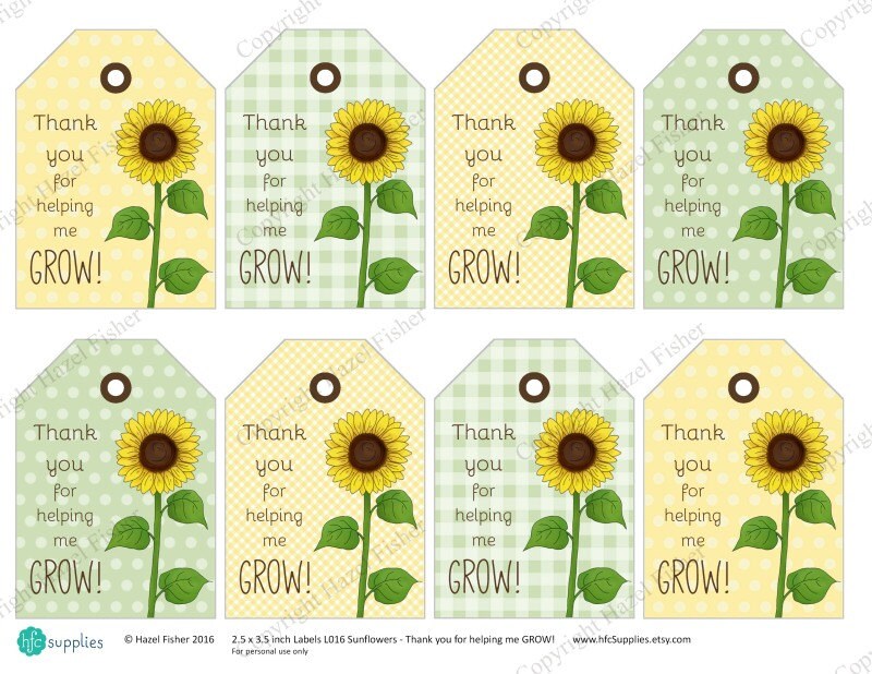 Sunflower Printable Labels Thank You for Helping Me Grow Teacher ...