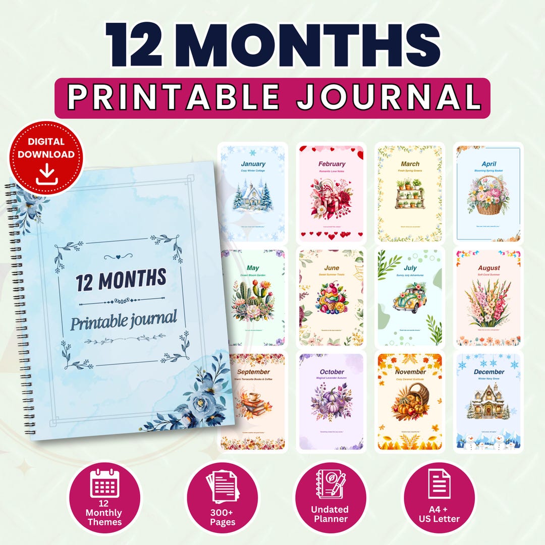 12 Months Printable Journal Bundle | Undated Planner | Mood Habit Sleep ...