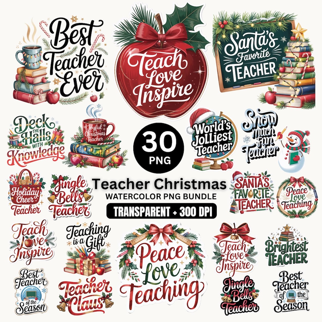 Christmas Teacher Clipart Bundle | 30 Watercolor Teacher Appreciation ...