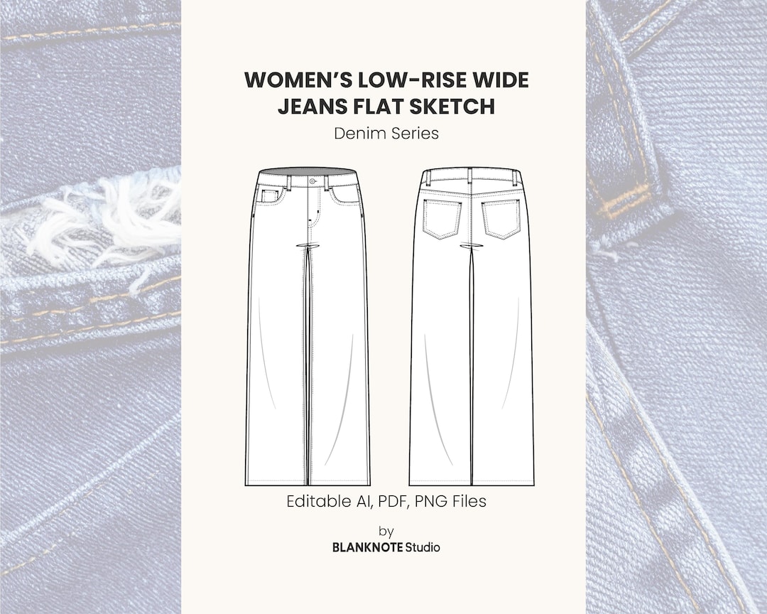 Women's Low-rise Wide Jeans Flat Sketch - Front & Back View - Editable ...