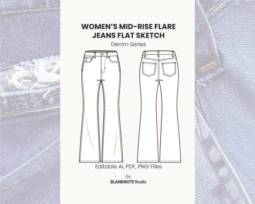 Women's Mid-rise Flare Jeans Flat Sketch - Front & Back View - Editable ...