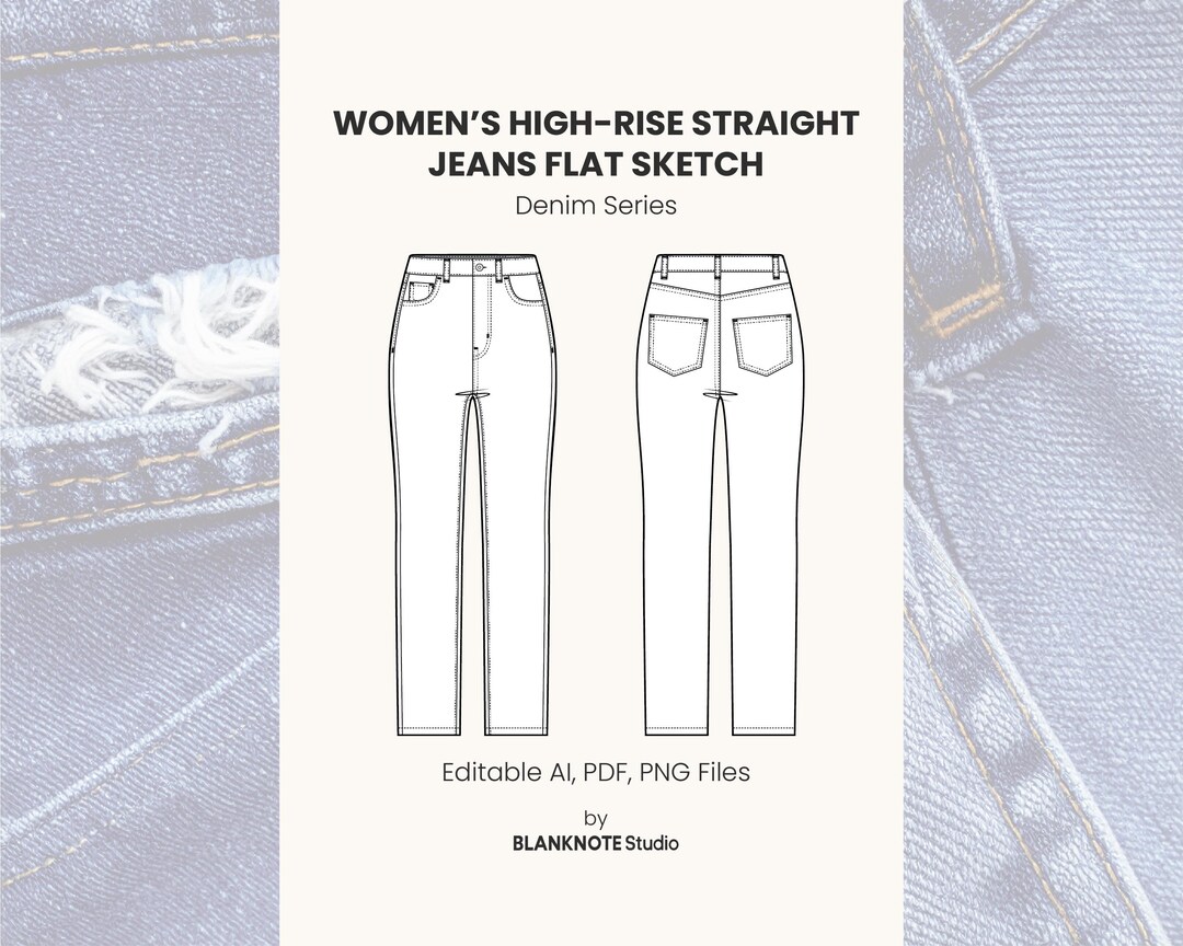Women's High-rise Straight Jeans Flat Sketch - Front & Back View ...