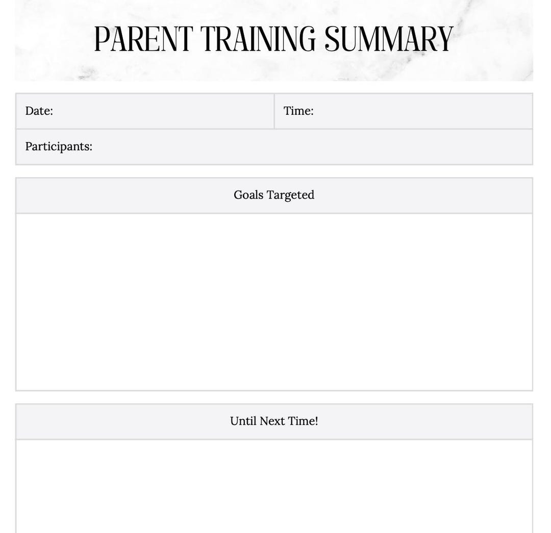 Parent Training Summary Sheet - Therapy - Education - Sessions ...