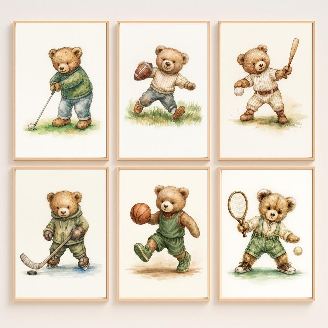 Vintage Teddy Bear Sports Wall Art Set of 6 | Sports Nursery Prints for ...