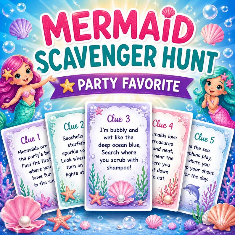 Mermaid Scavenger Hunt Printable Kids Treasure Hunt Clue Cards Under ...