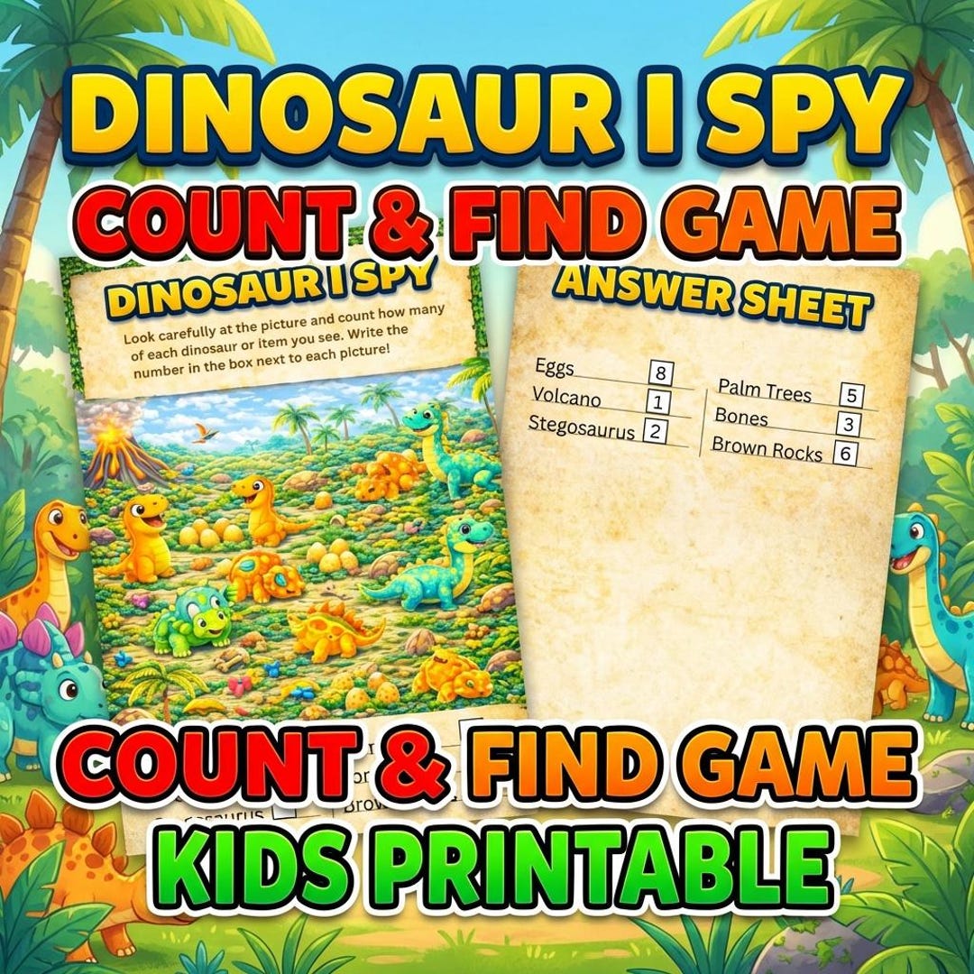Dinosaur I Spy Printable Game for Kids | Dinosaur Activity Sheet | Dino ...
