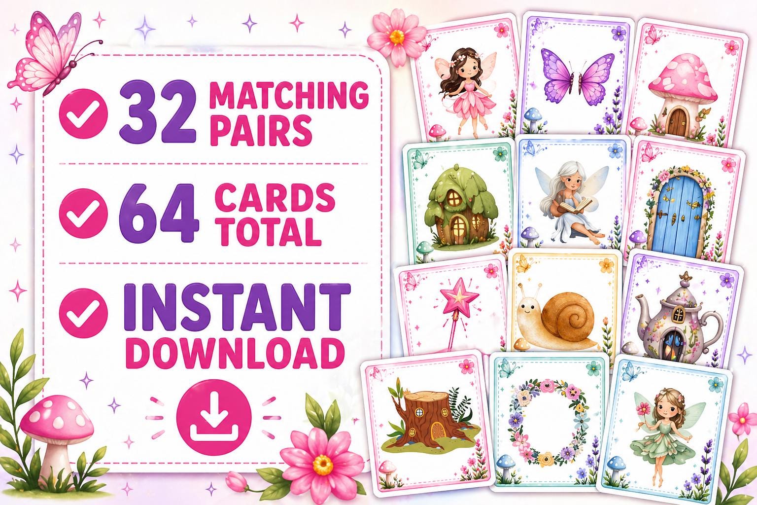 Fairy Matching Game Printable Memory Game for Kids 32 Pairs Montessori ...