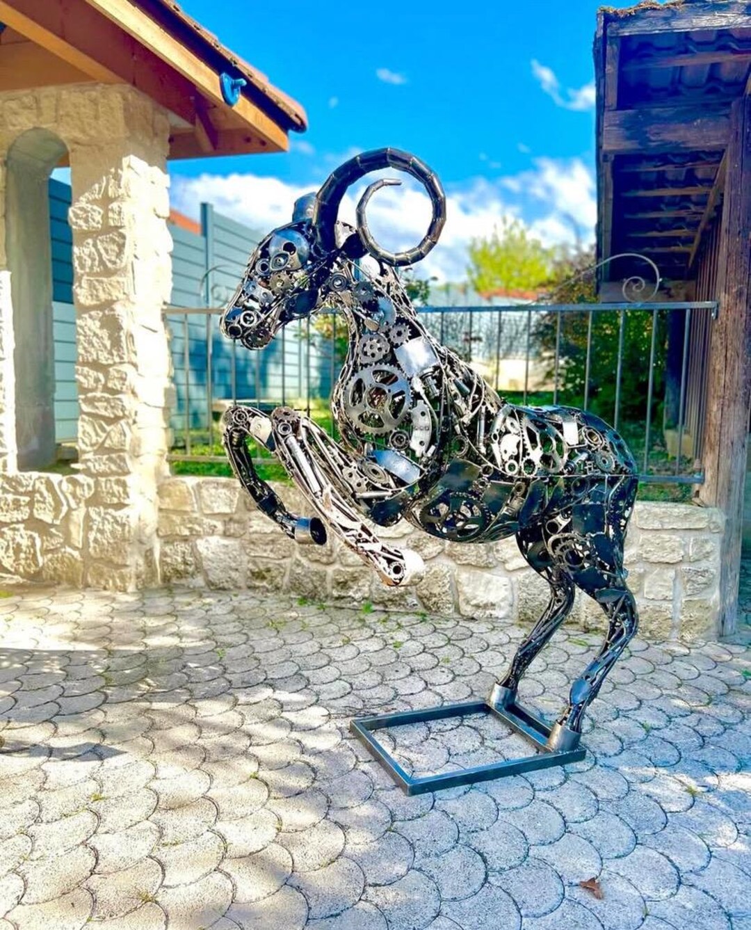 Recycled Metal Ram Sculpture: Steampunk Garden Art, Industrial Goat ...