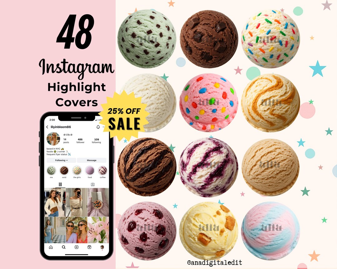 48 Ice Cream Scoops Instagram Story Highlight Cover Icons IG Story Pack ...