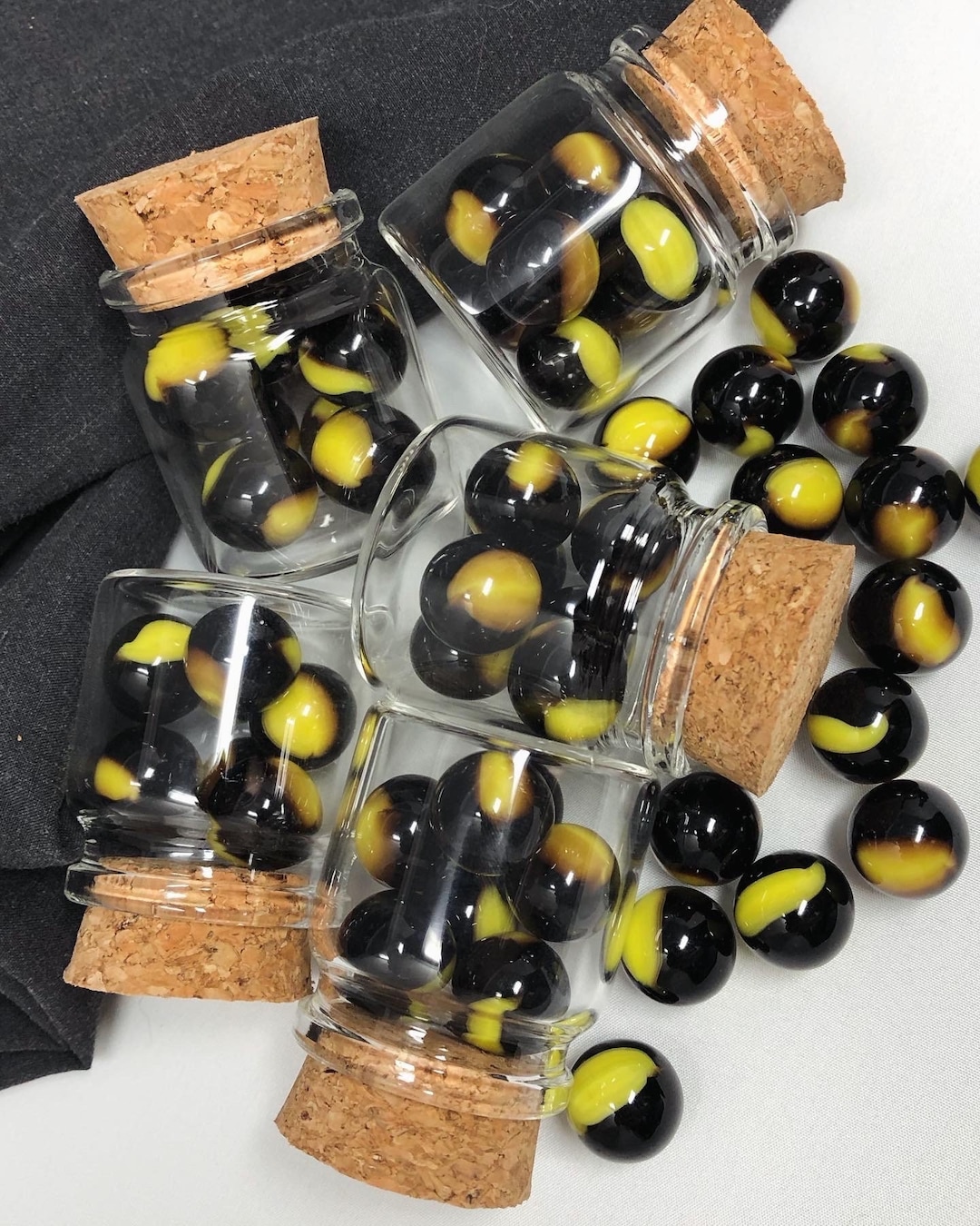 UV Glowing Set of 7 1970s Bumble Bee Cadmium Glass Marbles in Glass ...