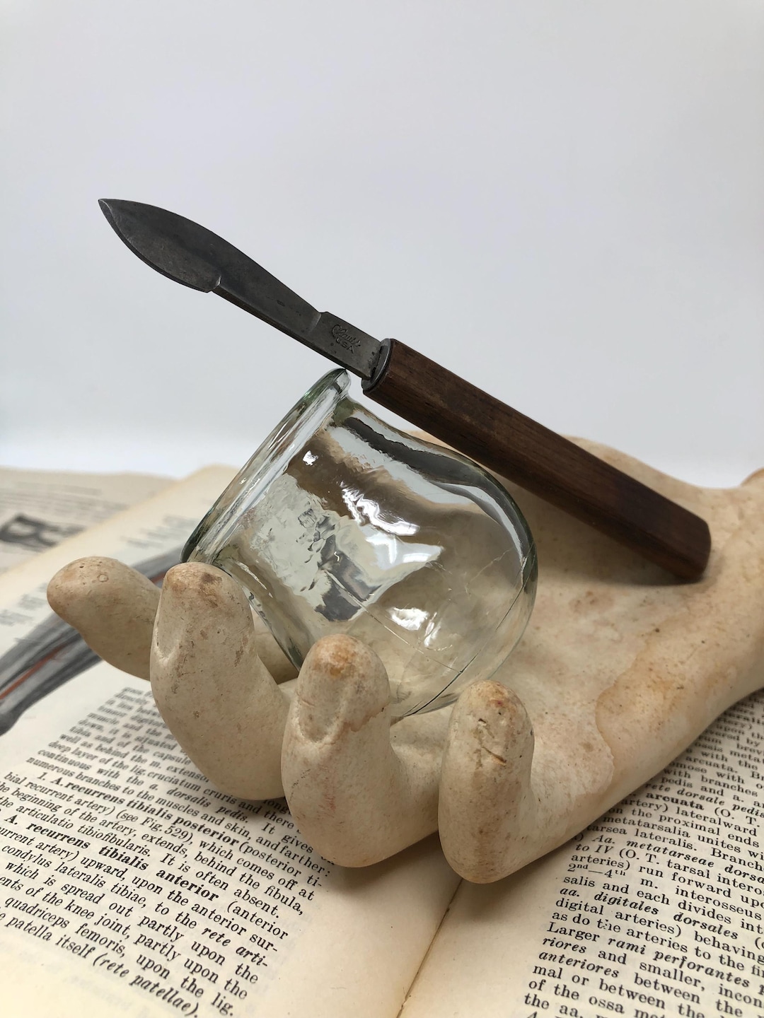 1800s Bloodletting Wood Handled Fleam and Glass Cup Set Phlebotomy Fire Cupping Medical Tools ...