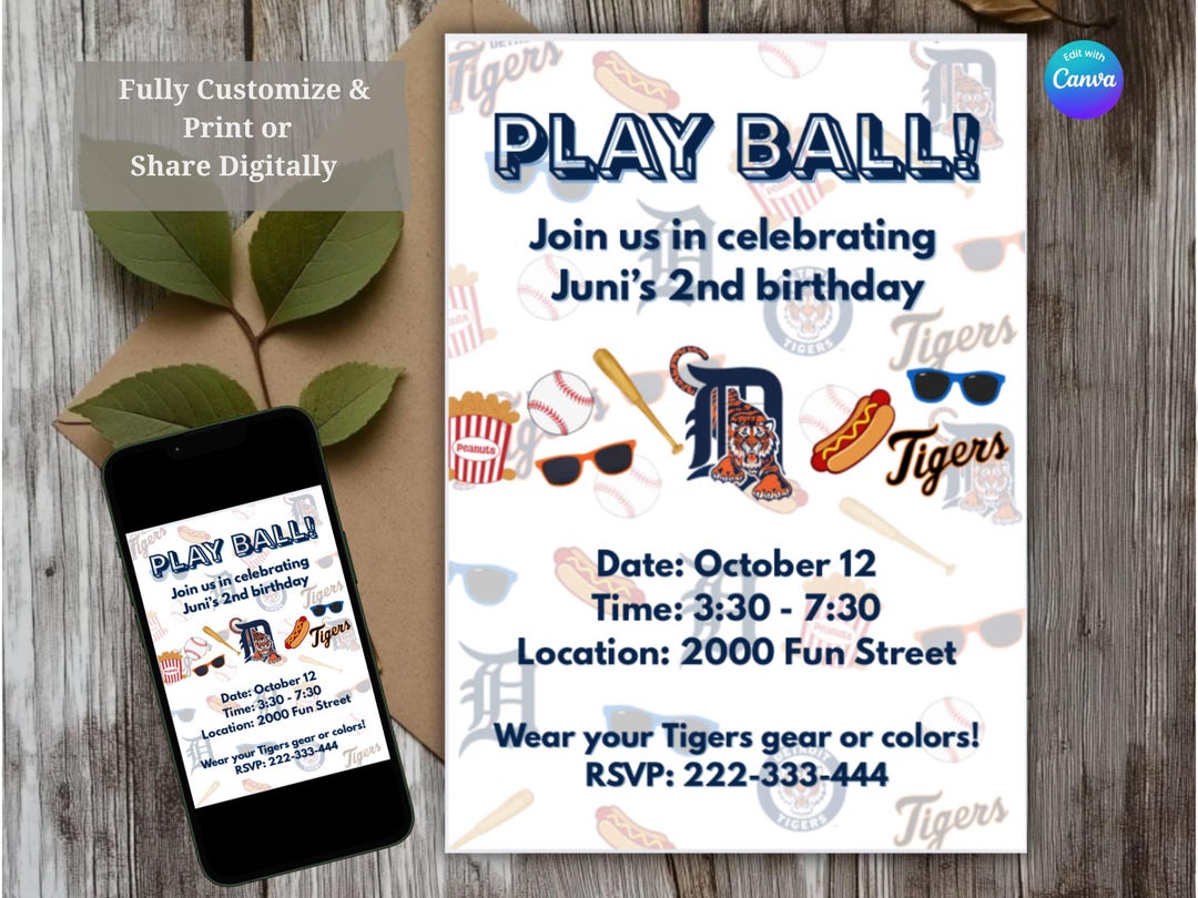 Editable Detroit Tigers Birthday Invitation Customize Baseball Invite ...