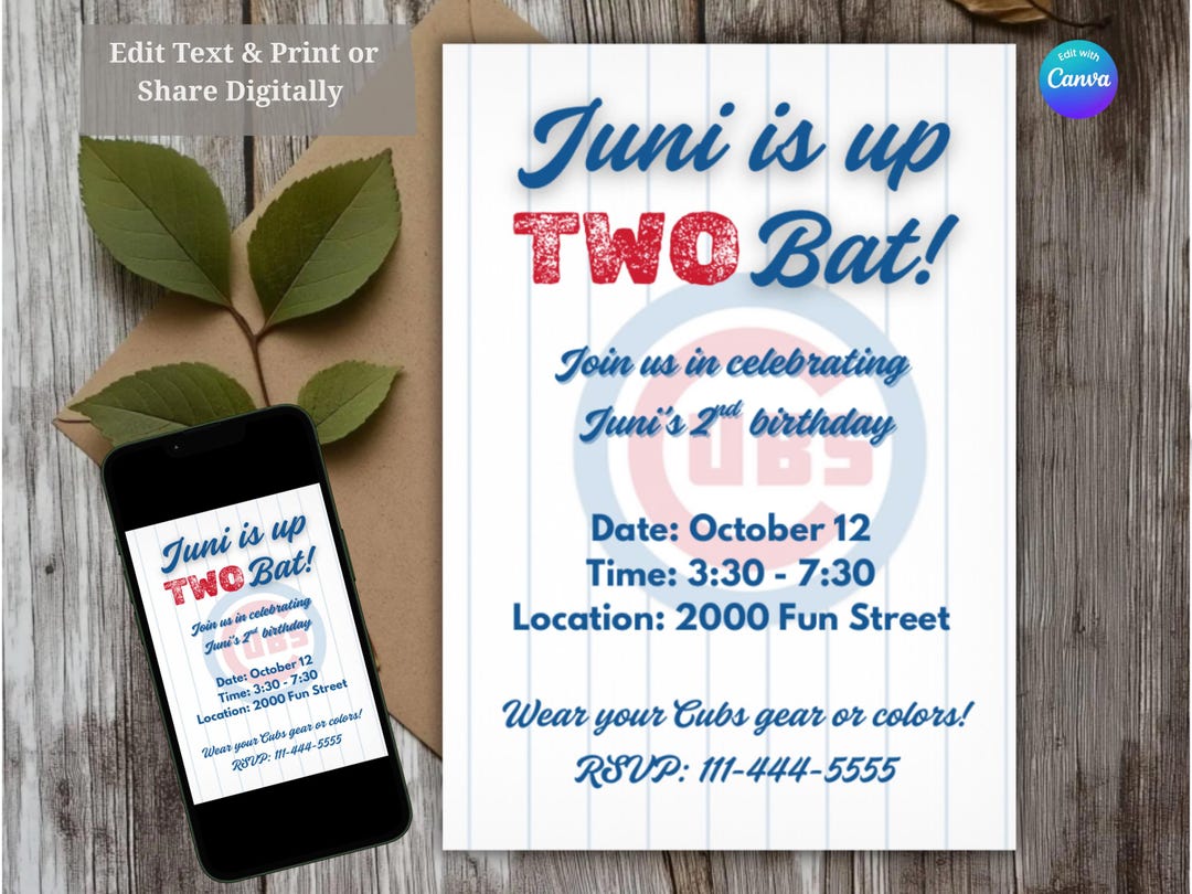 Editable Cubs Birthday Invitation up Two Bat Invite Customizable ...