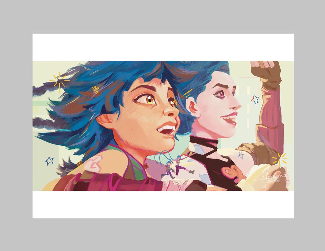 Arcane Fan Art Print – Jinx & Isha Flying Over Zaun – Signed A3 ...