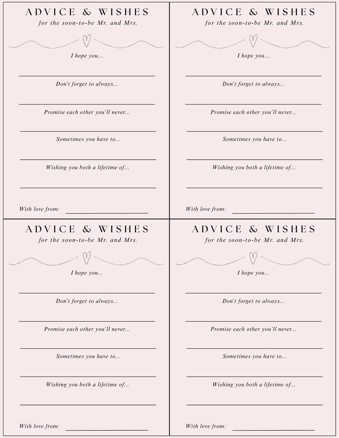 Wedding Advice Card Printable – Advice & Wishes for the Bride and Groom ...
