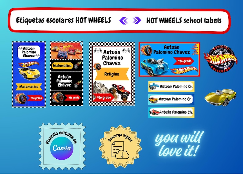HOTWHEELS Etiquetas Escolares, Stickers Escolares Imprimibles, Digital ...