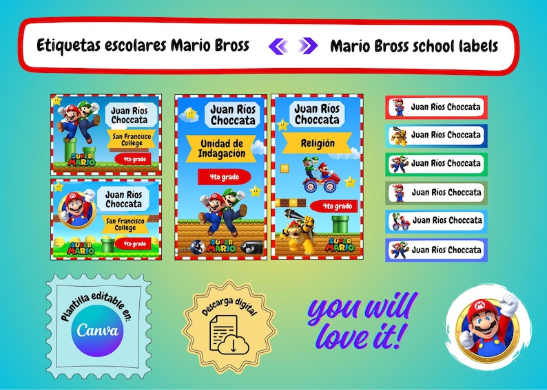 MARIO BROSS Etiquetas, Stickers Escolares Imprimibles, Digital ...